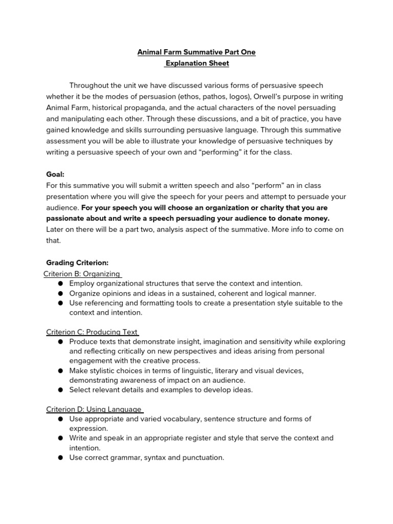 Animal Farm Summative Part One Explanation Sheet | PDF | Persuasion ...
