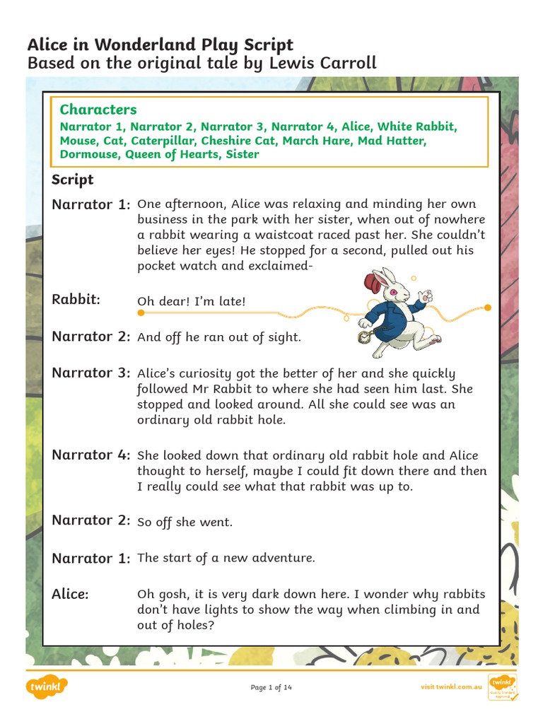 Alice in Wonderland Play Script Based On The Original Tale by Lewis ...
