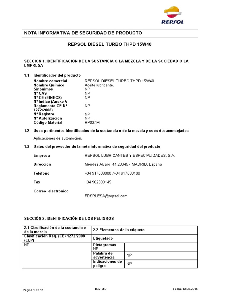 Seguridad del Aceite Repsol THPD 15W40 | PDF | Residuos | Agua