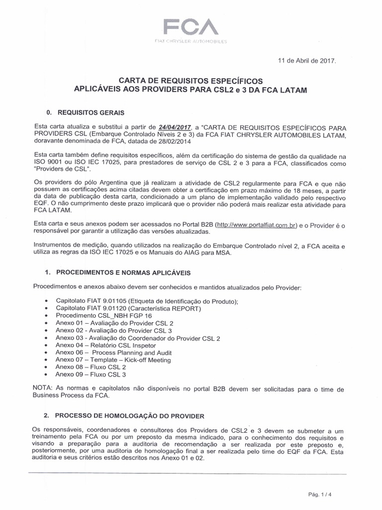 Carta Requisitos Especificos Providers CSL2 e 3-FCA | PDF