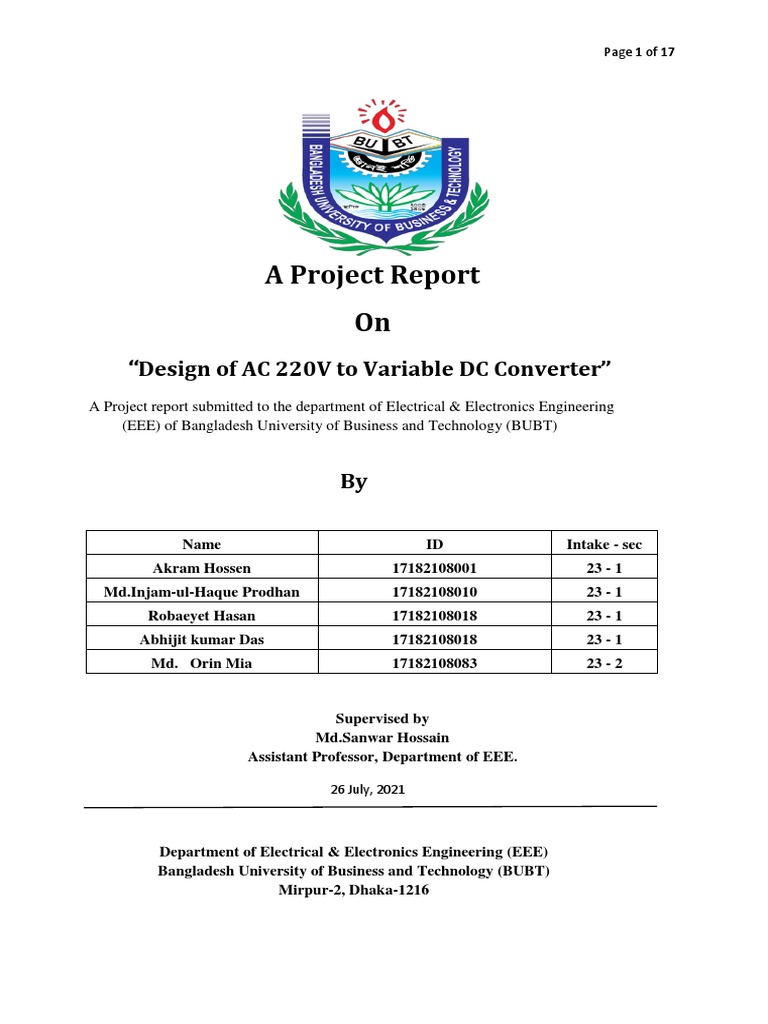 A Project Report On: Design of AC 220V To Variable DC Converter" | PDF ...