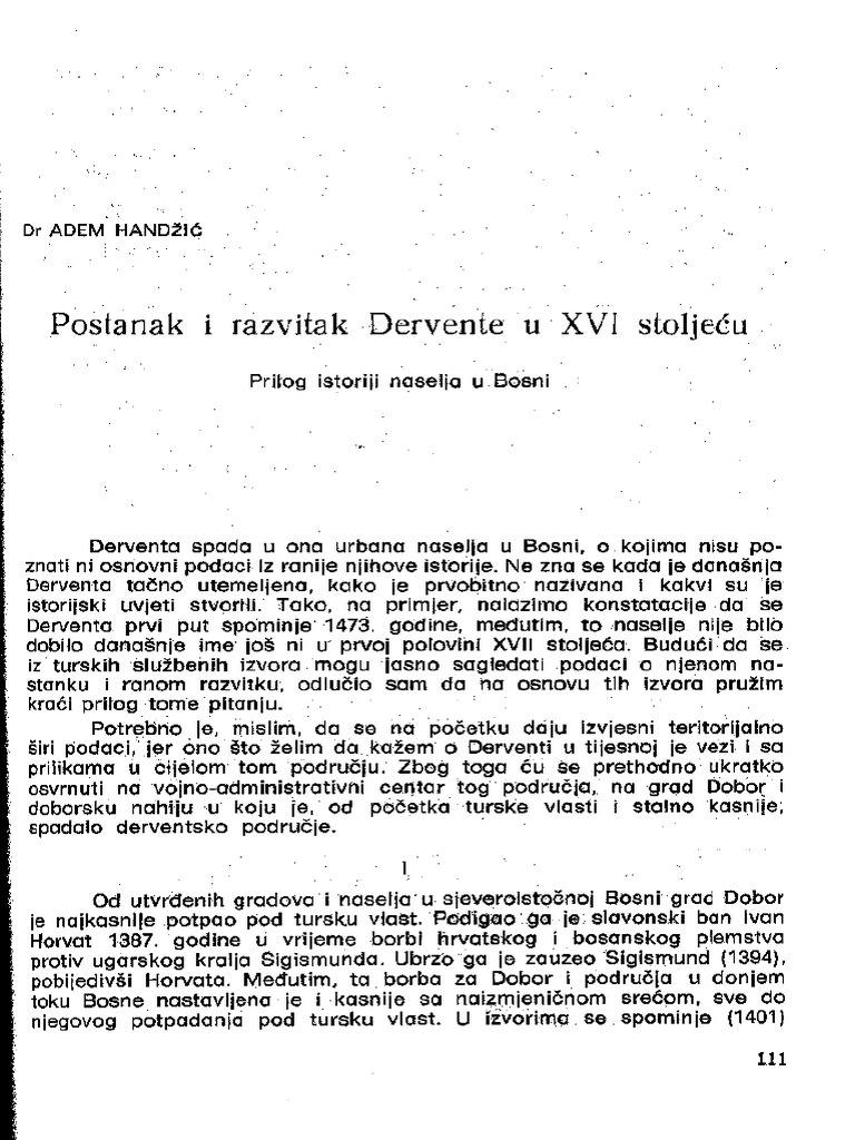 Handzic - Adem Postanak I Razvoj Dervente U XVI Stoljecu | PDF