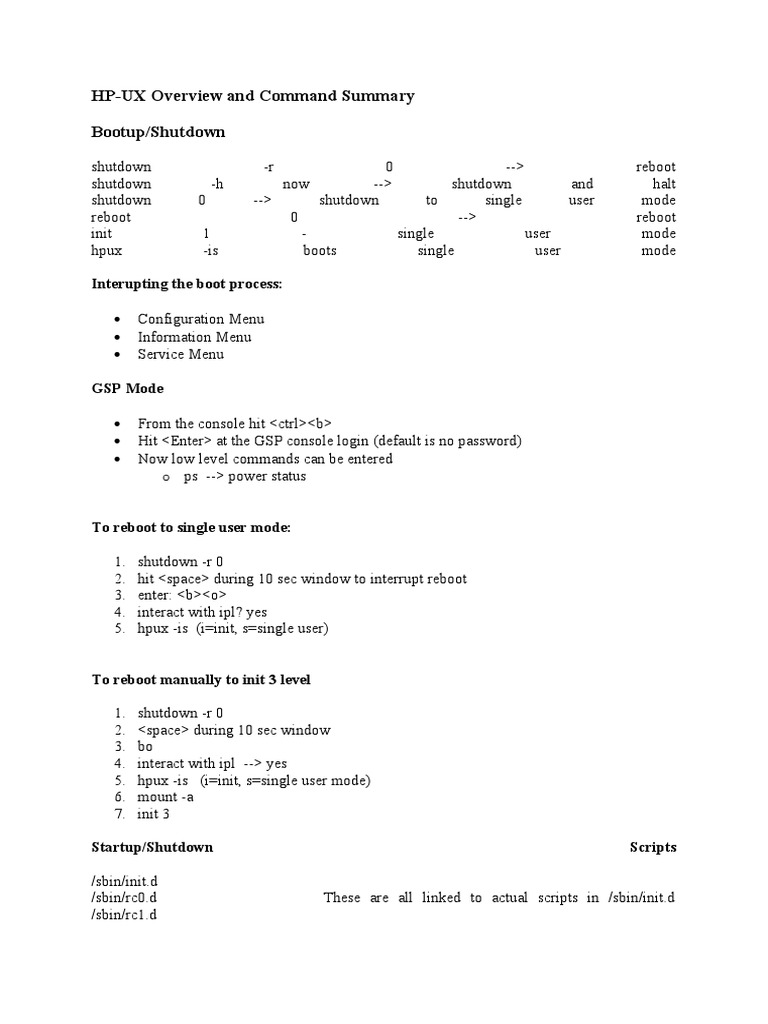Hp Ux Overview And Command Summary Bootupshutdown Interupting The