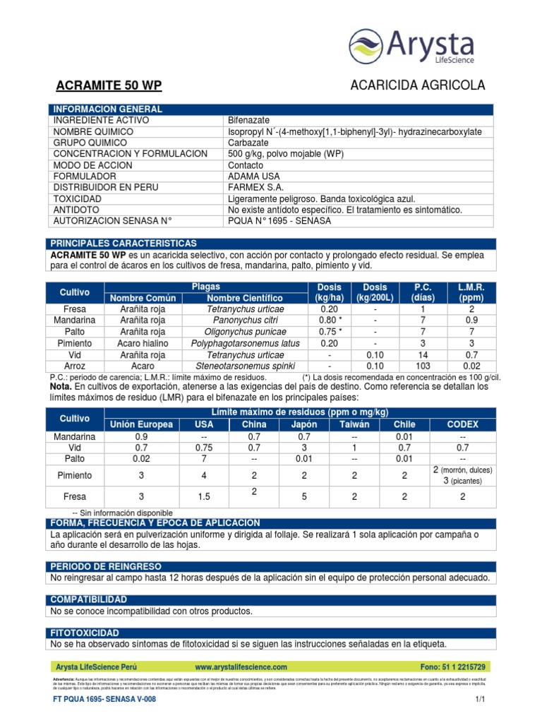 Acaricida ACRAMITE 50 WP para Cultivos | PDF