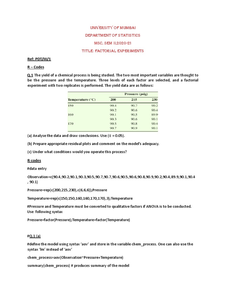 Factorial Experiments R Codes | PDF | Analysis Of Variance | Errors And Residuals