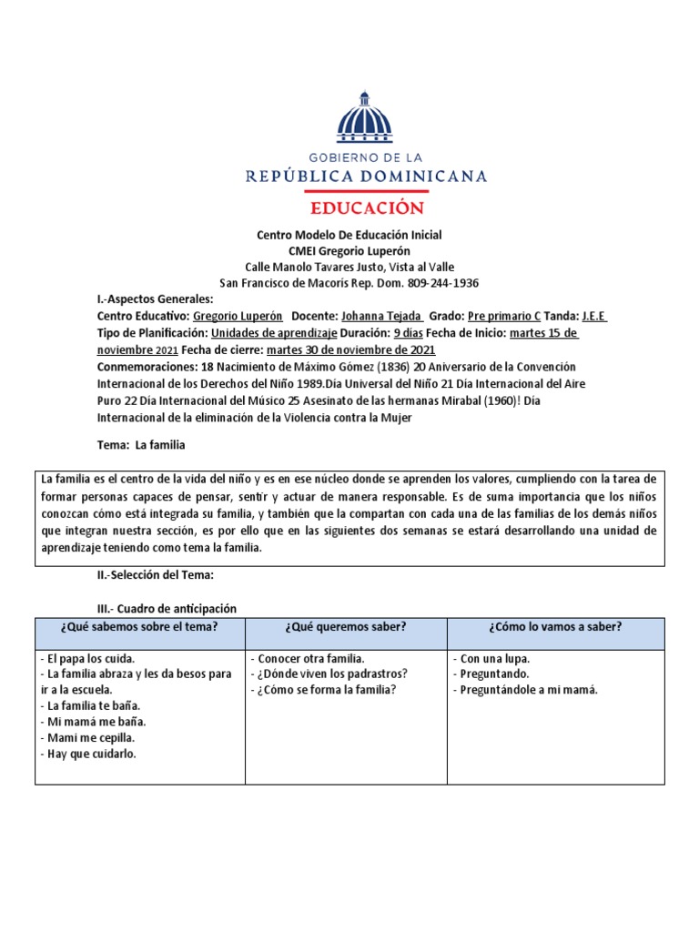 Unidades de Aprendizaje La Familia | PDF