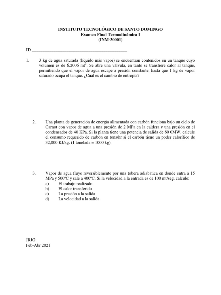Examen Final Termo | PDF | Tecnología
