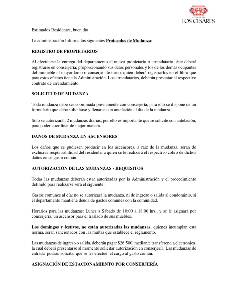 Protocolo de Mudanza | PDF | Condominio