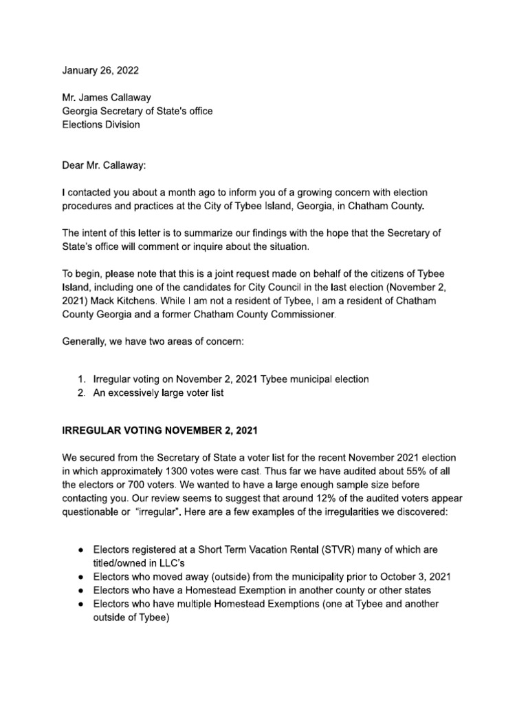 Letter To SOS Tybee Voter Rolls | PDF