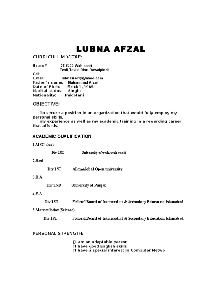 Lubna Afzal's Professional CV | PDF | Foreign Language Studies