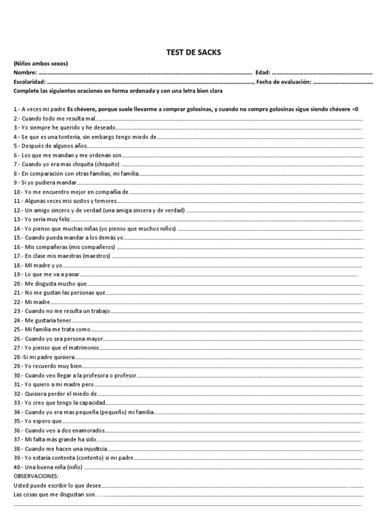 Test Sacks Niños y Adolescentes | PDF