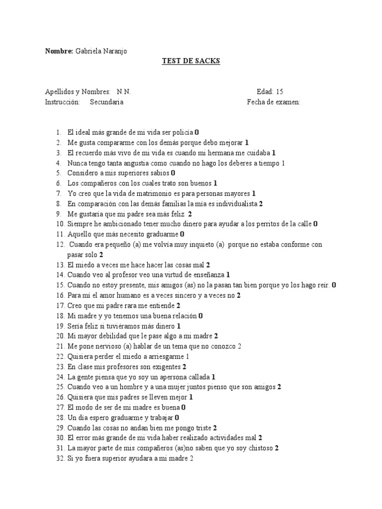 TEST DE SACKS (Adolescentes) | PDF