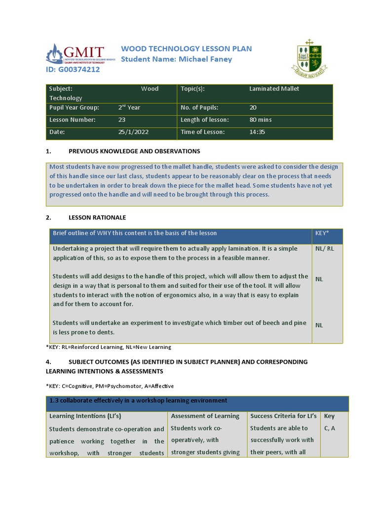 Woodtech Lesson Plan 23 | PDF | Teachers | Learning