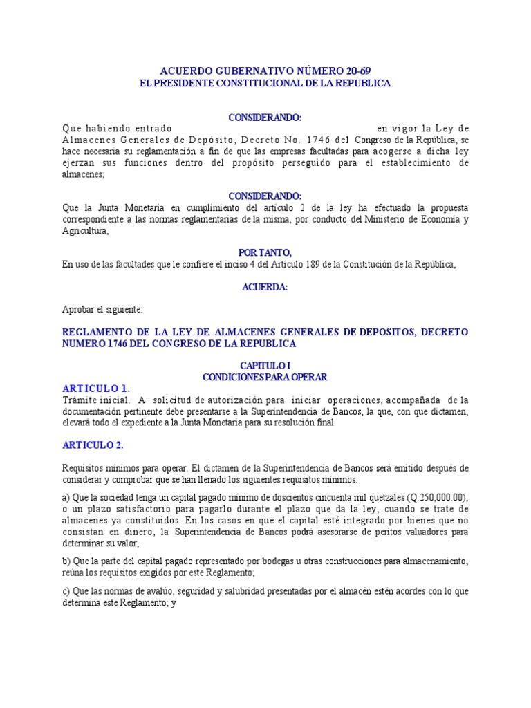 Reglamento Ley de Almacenes Generales de Deposito | PDF | Bancos ...