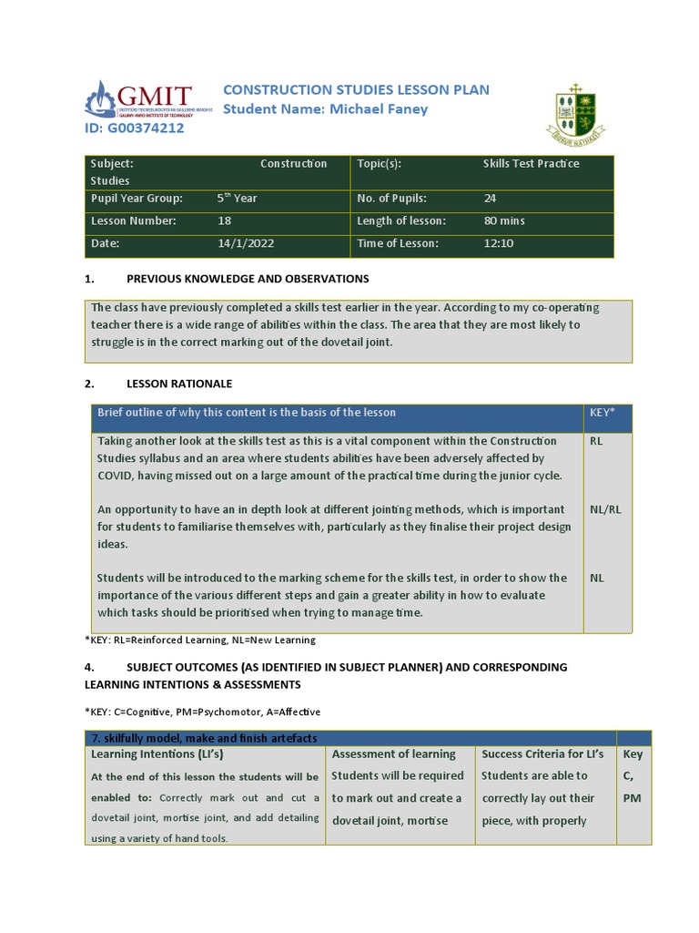 Construction Skills Test Lesson Plan | PDF