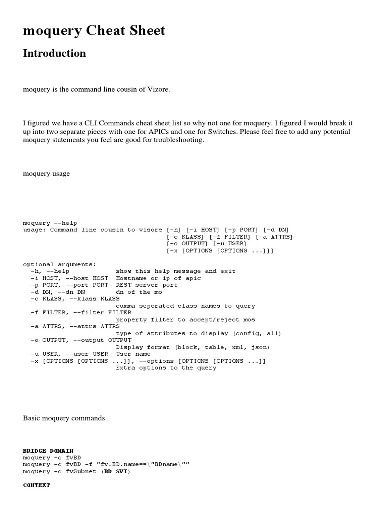 Moquery Cheat Sheet | PDF | Command Line Interface | Network Topology