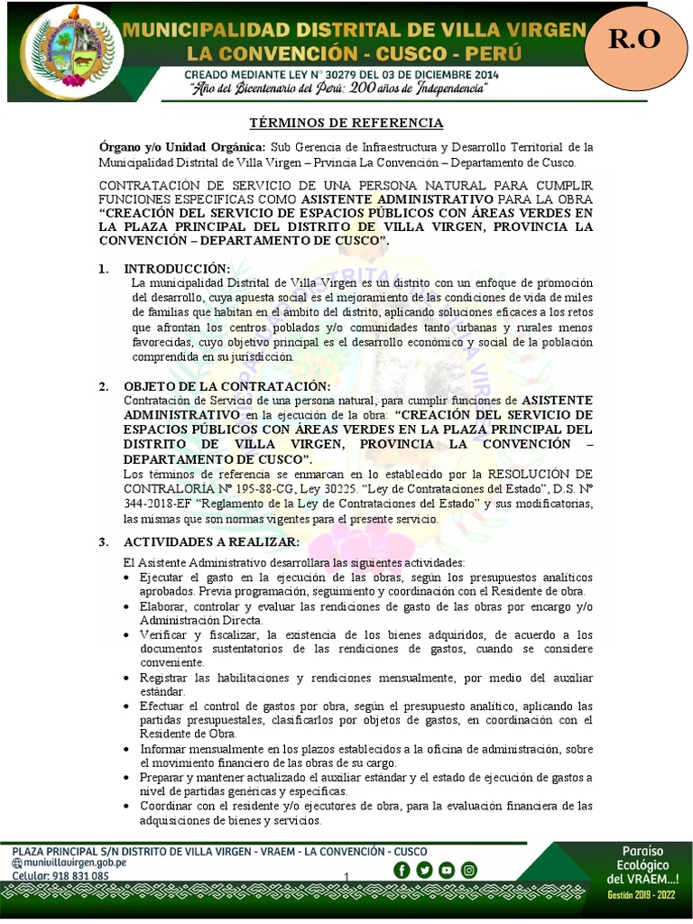 TDR de Asistente Administrativo de Obra | PDF