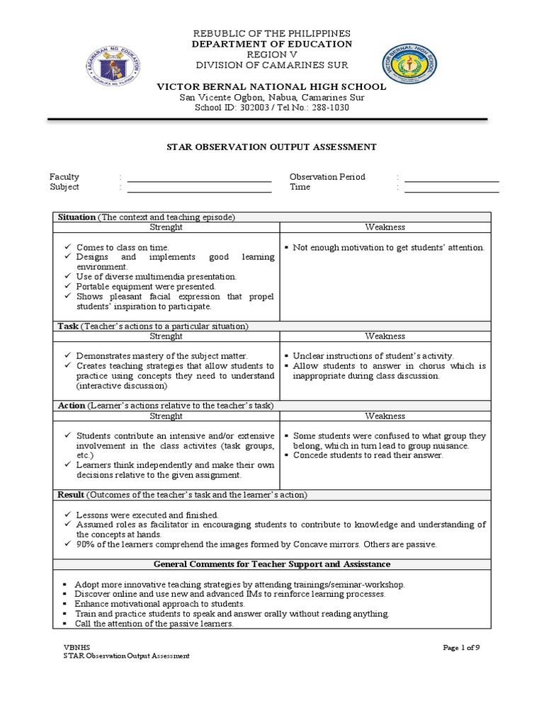 STAR Sample Comments COT 1 | PDF | Learning | Teachers
