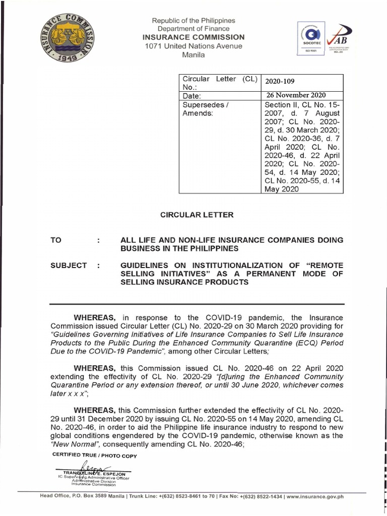 IC Circular Letter No 2020 - 109 | PDF