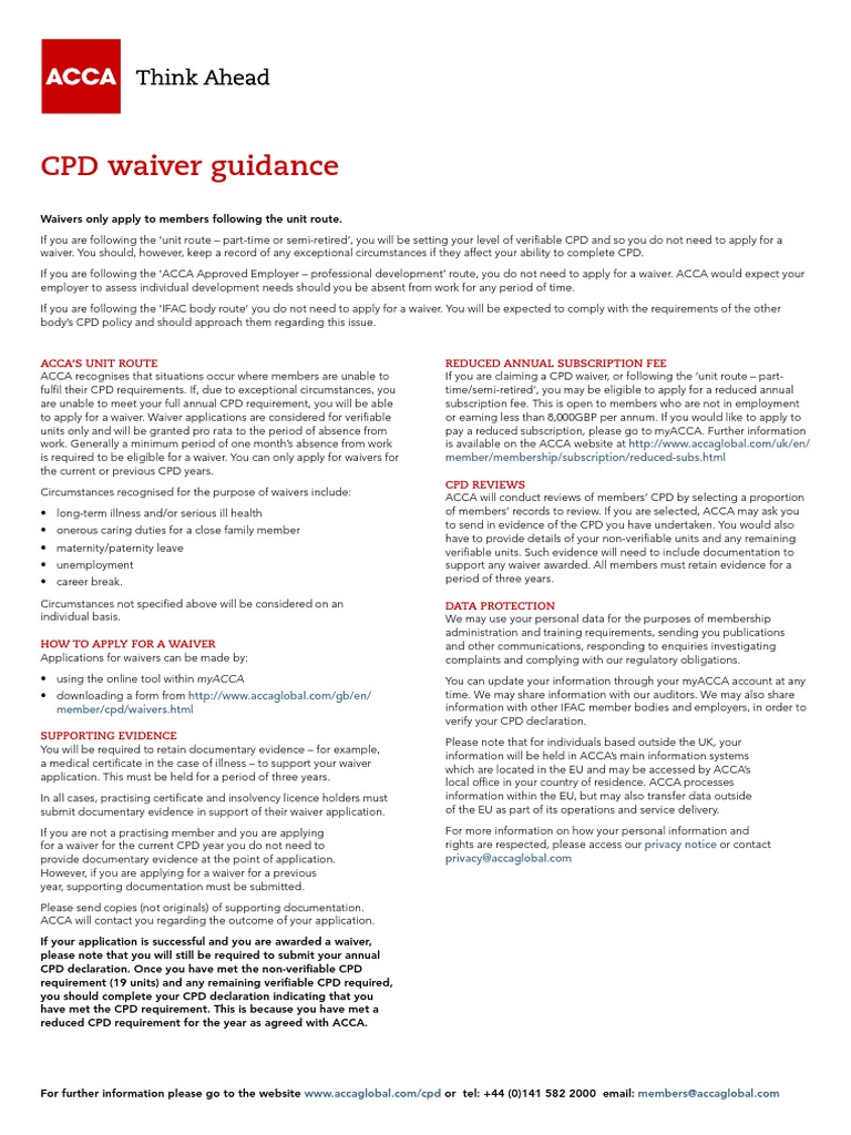 CPD Waiver Guidance: Acca'S Unit Route Reduced Annual Subscription Fee ...
