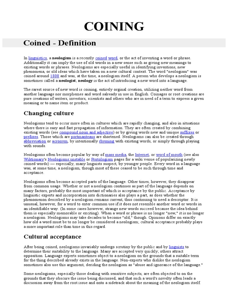 Coining: Coined - Definition | PDF | Word | Currencies Of North America