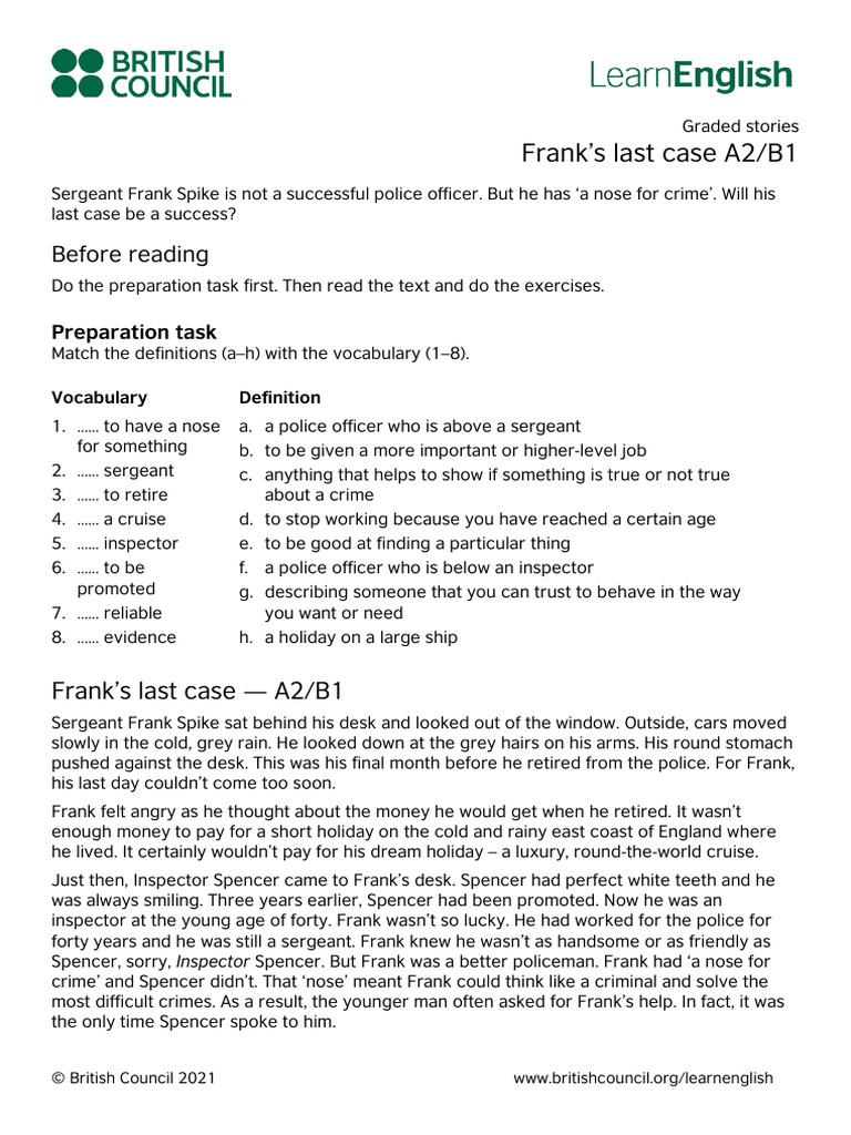 Frank's Last Case A2/B1: Before Reading | PDF