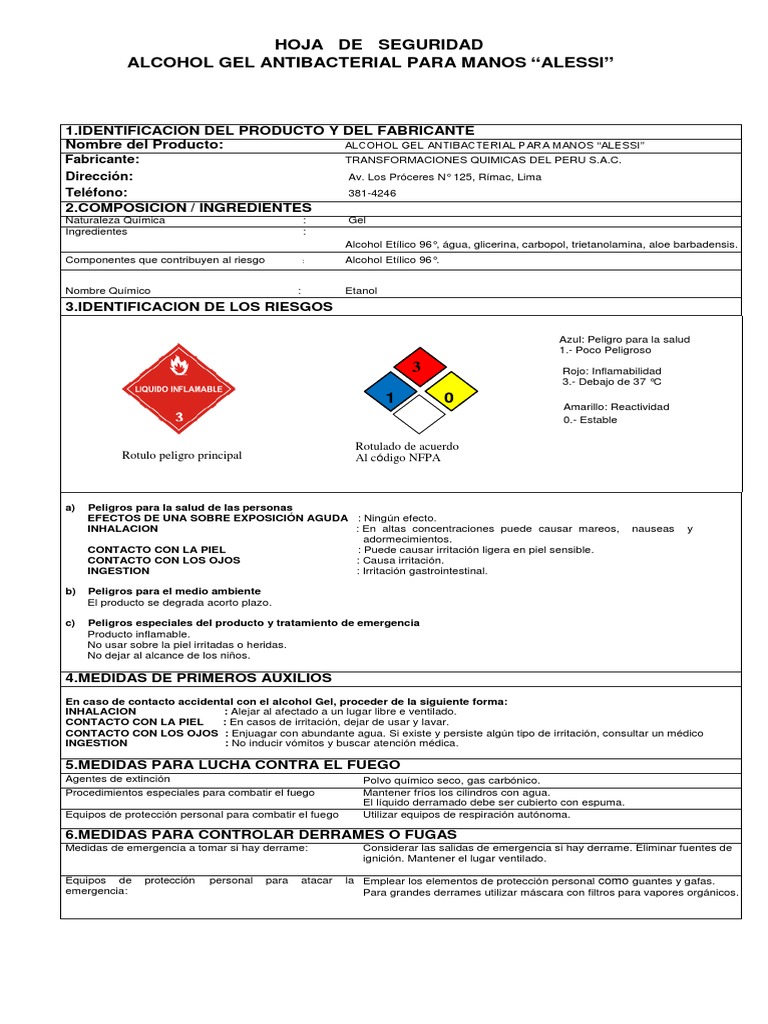 Hoja de Seguridad: Alcohol Gel Alessi | PDF