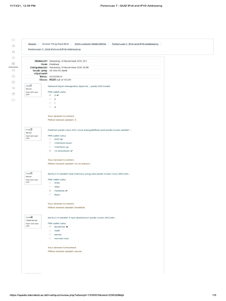 Pertemuan 7 Quiz Ipv4 And Ipv6 Addressing Pdf I Pv6 Distributed