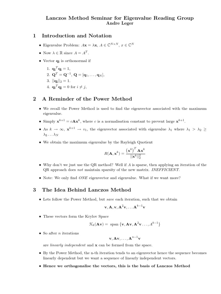 Lanczos Method Seminar For Eigenvalue Reading Group Andre Leger Pdf Eigenvalues And