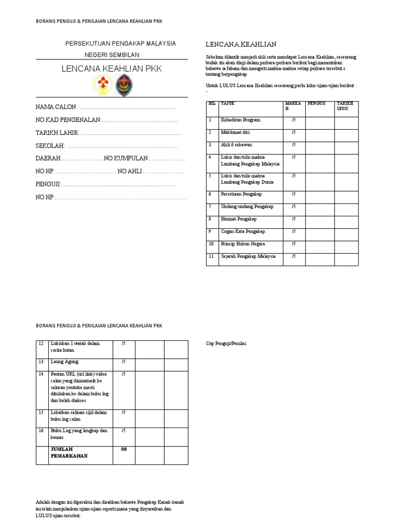 Borang Ujian Lencana Keahlian PKK | PDF