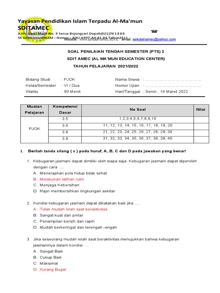 Soal Pts Pjok Kelas 6 SMT 2 Ok | PDF