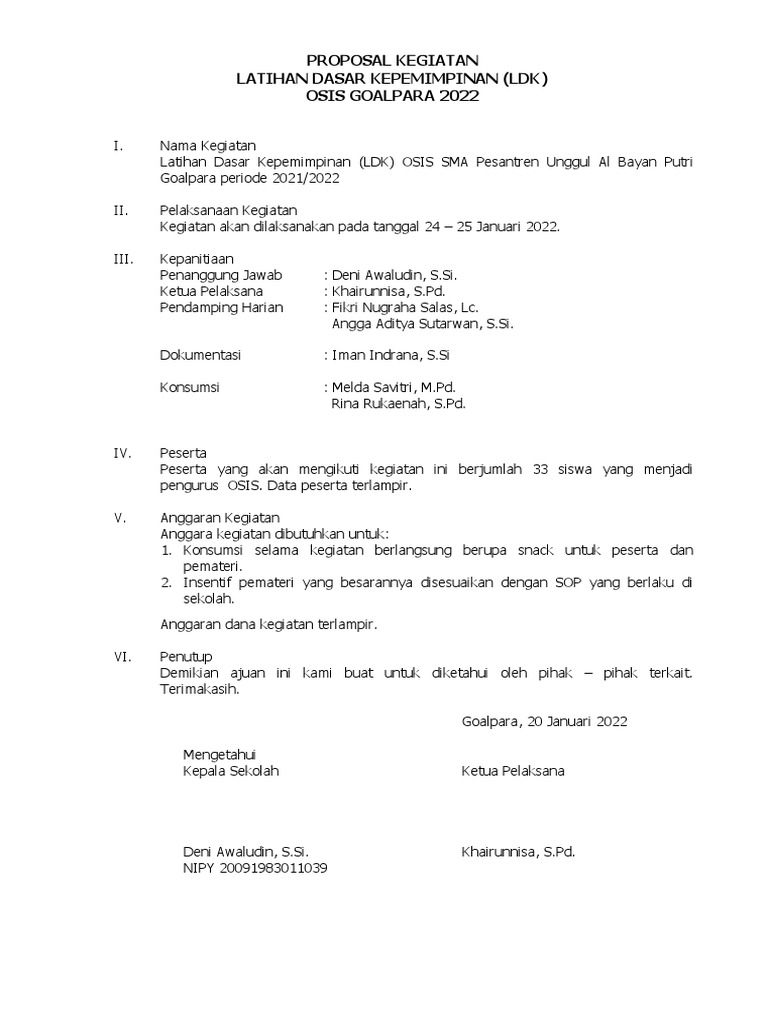 LDK OSIS Goalpara 2022: Proposal Kegiatan | PDF | Karier & Perkembangan