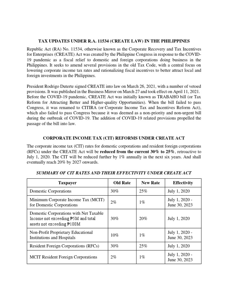 Tax Updates Under CREATE Law | PDF | Capital Gains Tax | Taxes