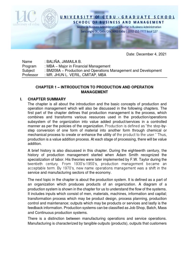 Chapter 1 - Reaction Paper | PDF | Operations Management | Resource