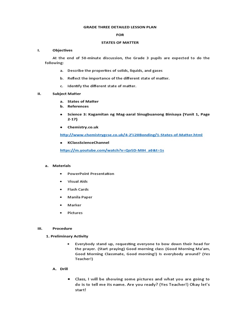 Group 3 Grade Three Detailed Lesson Plan | PDF | Gases | Matter