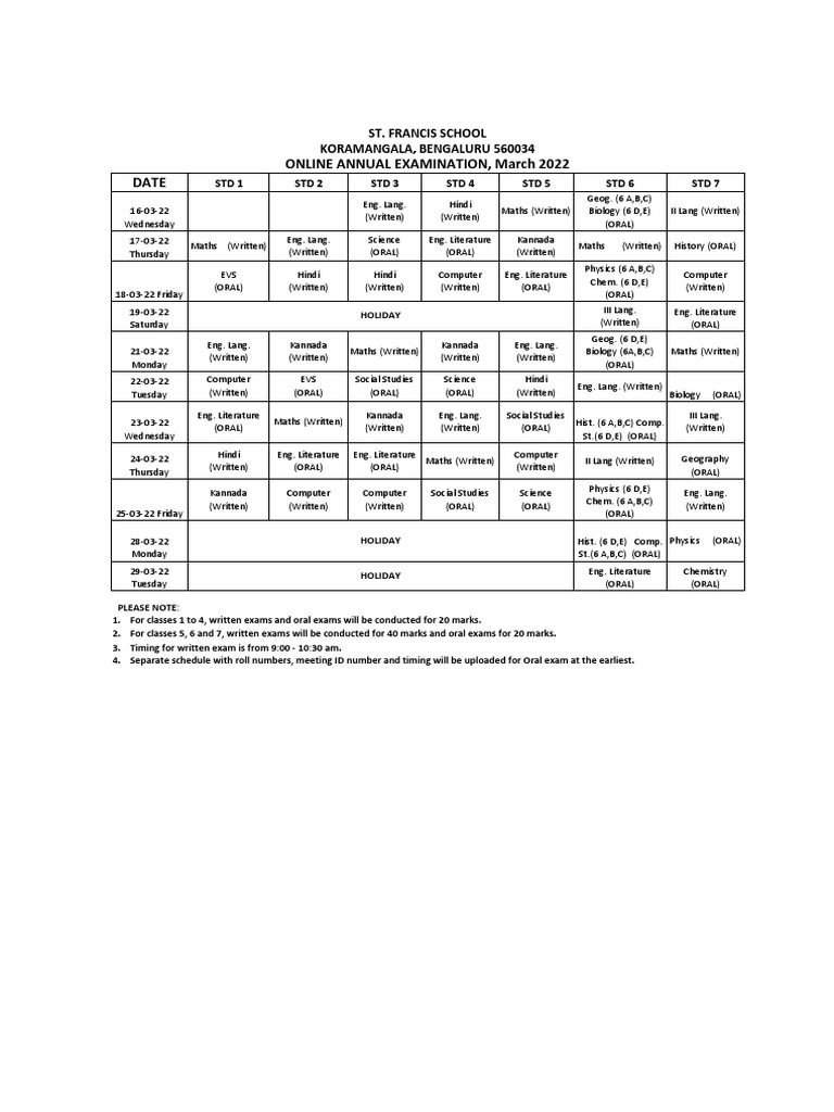 Annual Exam Time Table (2021-22) Std. 1 - 7 | PDF