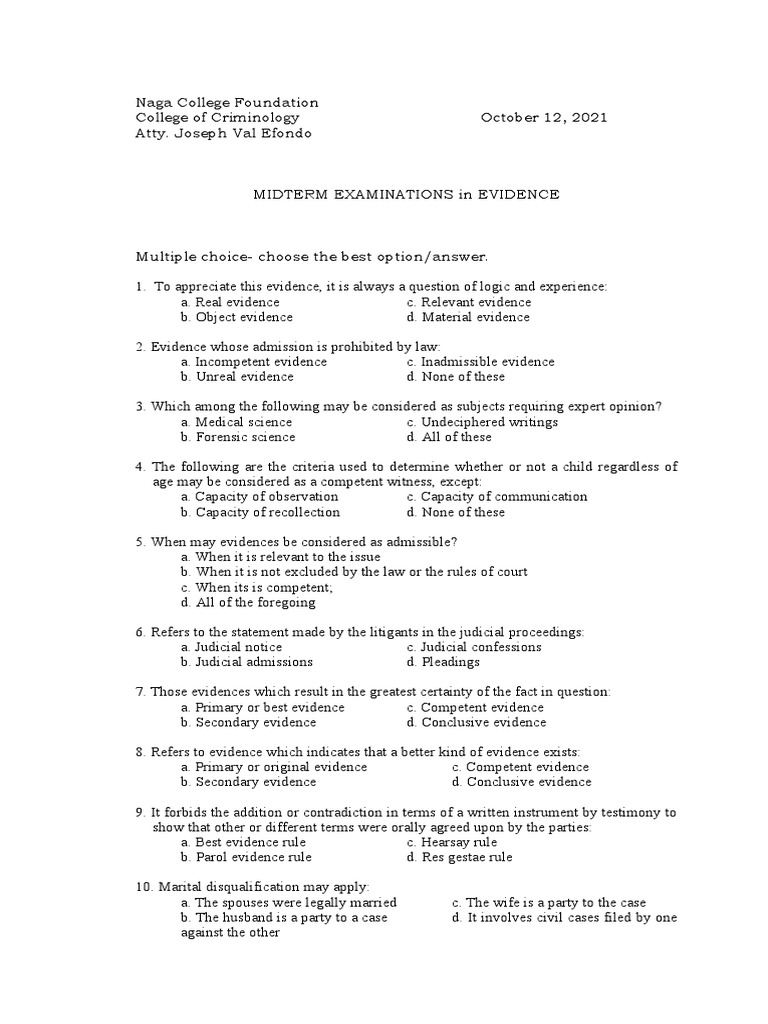 Evidence Exam | PDF | Evidence (Law) | Witness