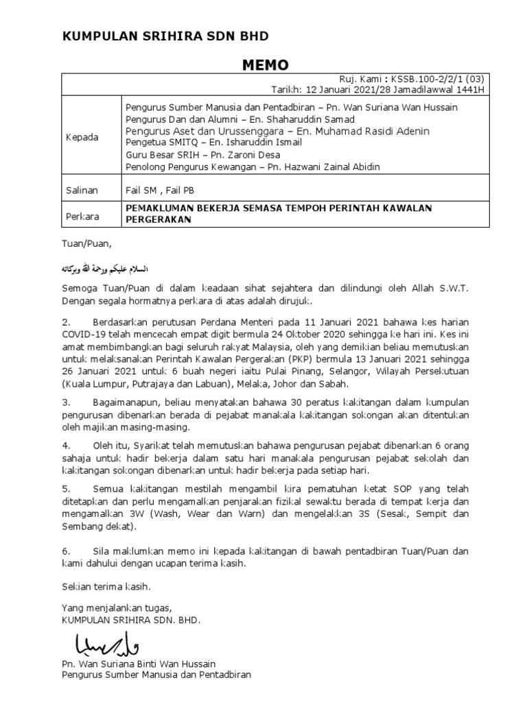 Memo (03) Pemakluman Bekerja Semasa PKP | PDF
