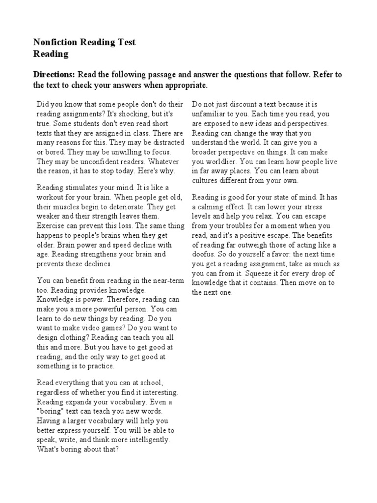 Nonfiction Reading Test Reading: Directions: Read The Following Passage ...