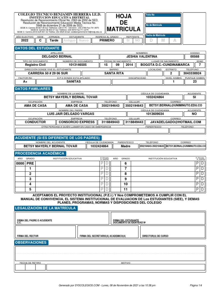 Hoja DE Matricula: Datos Del Estudiante | PDF