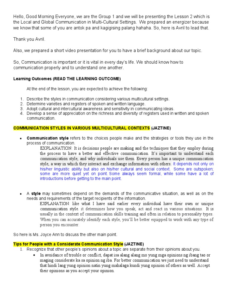 Script For Reporting | PDF | Cognitive Science | Cultural Assimilation