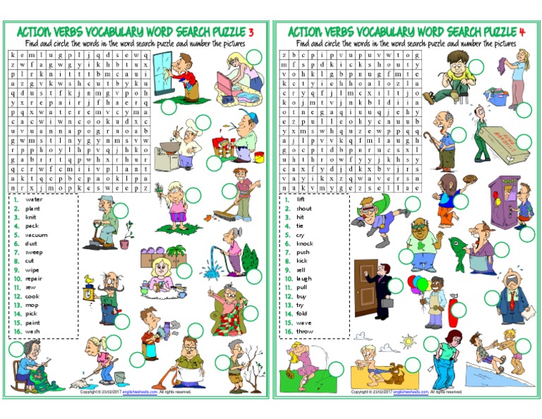 Action Verbs Vocabulary Esl Word Search Puzzle Worksheets For Kids | PDF