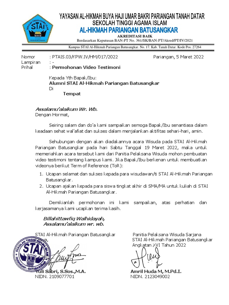Surat Permohonan Video Testimoni - Alumni STAI Al-Hikmah Pariangan | PDF