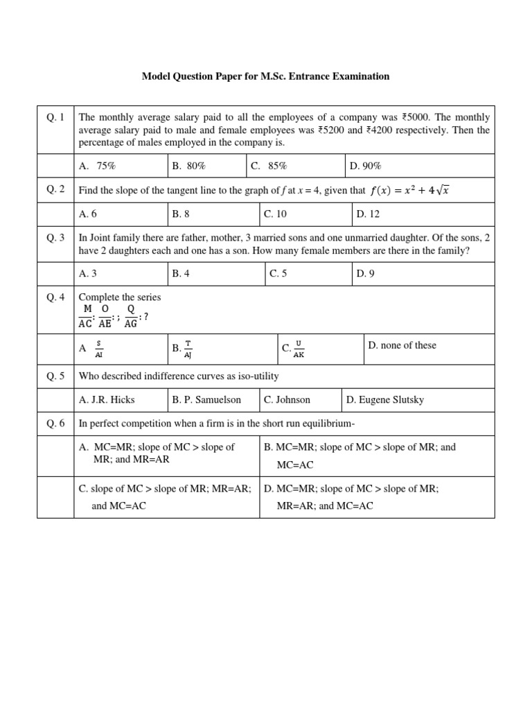 Model Question Paper MSC Entrance Exam | PDF