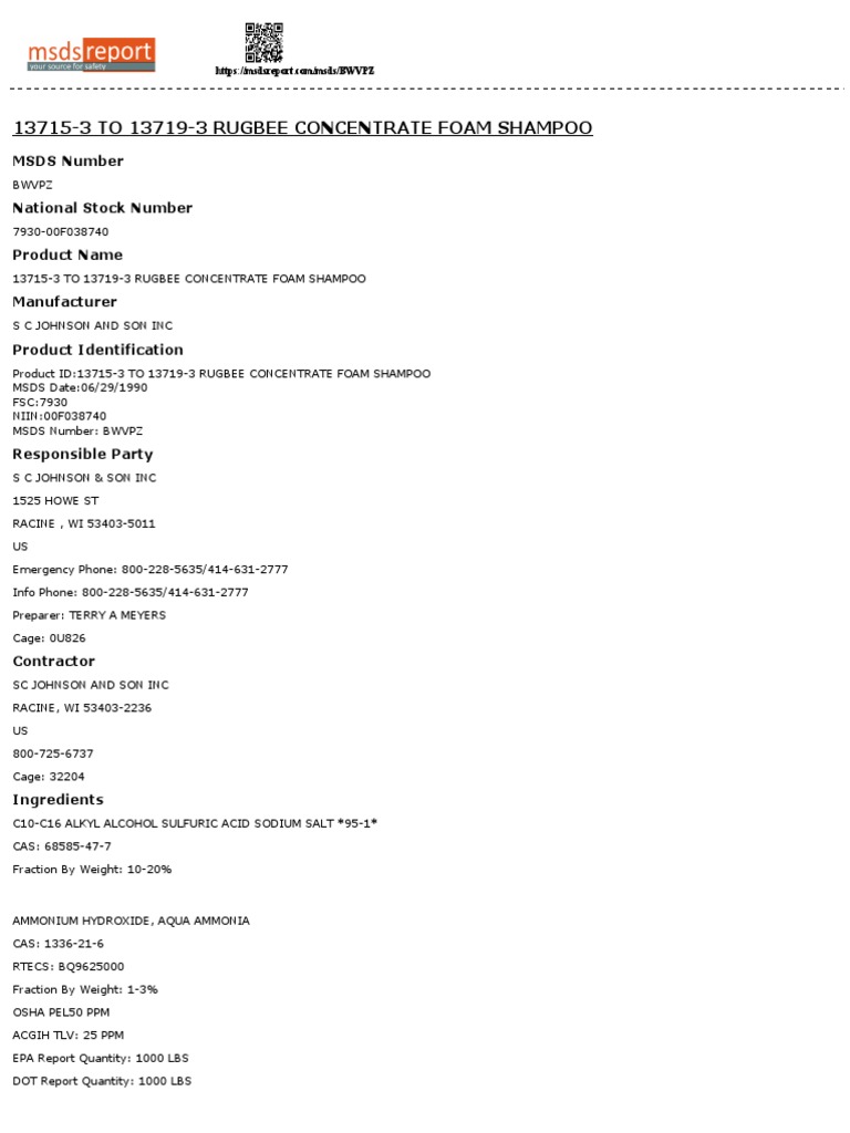 13715-3 To 13719-3 Rugbee Concentrate Foam Shampoo: MSDS Number | PDF ...