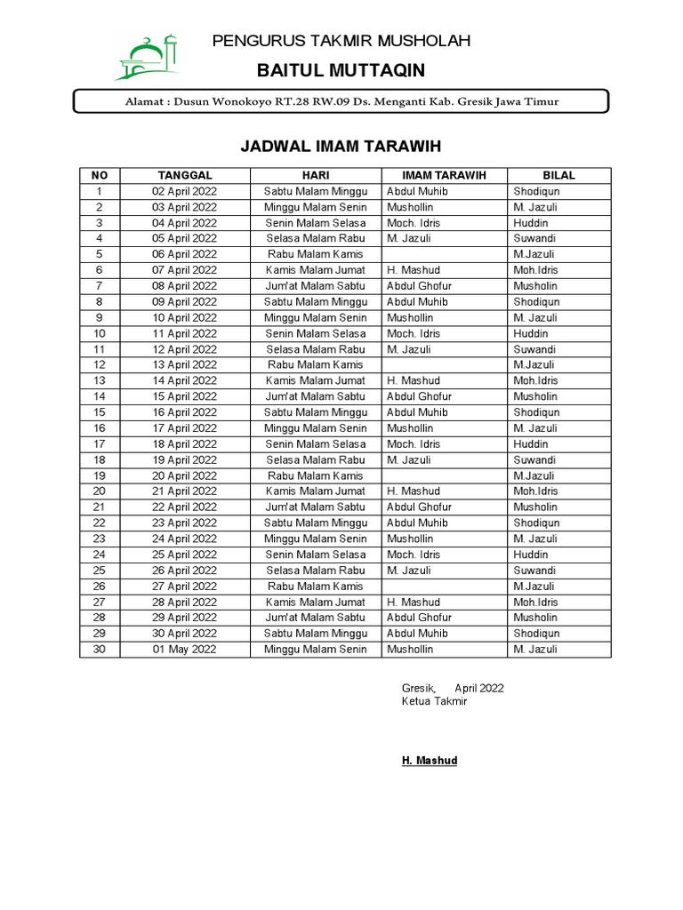Jadwal Imam Tarawih Dan Bilal | PDF