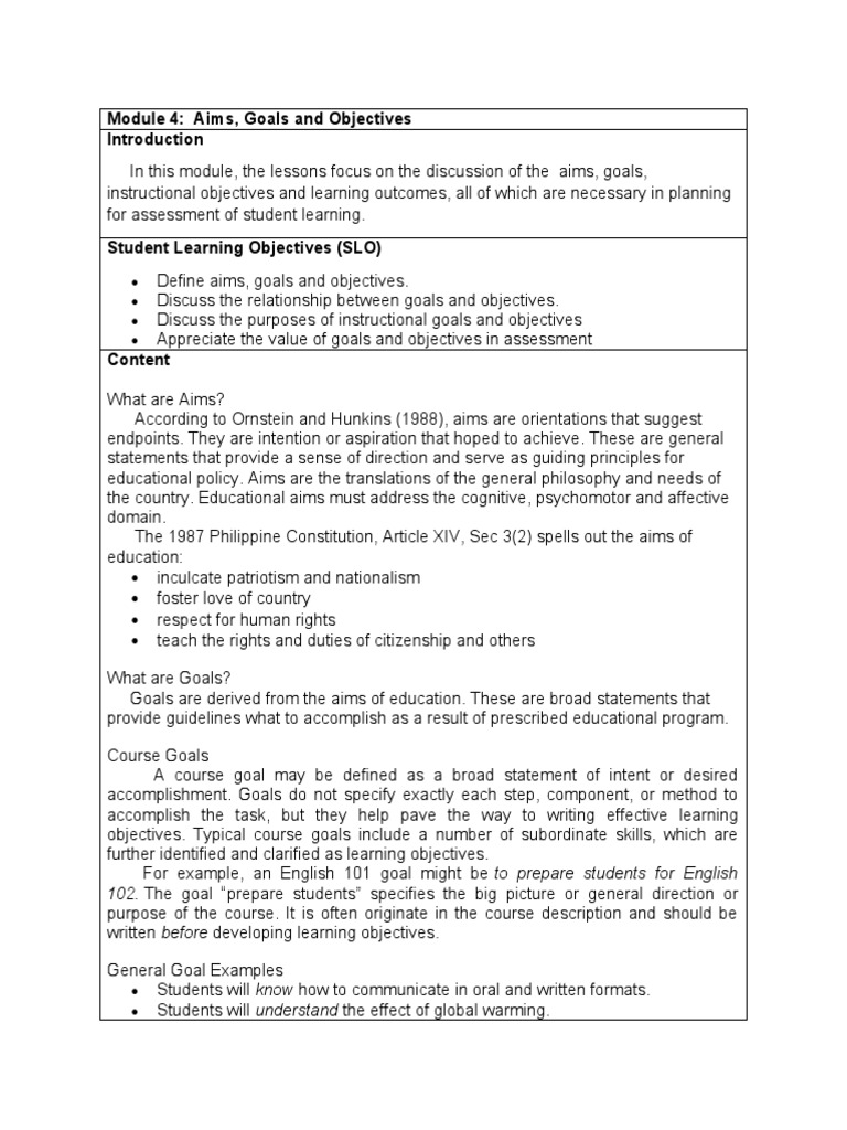Module 4 - Aims, Goals and Objectives | PDF | Goal | Learning