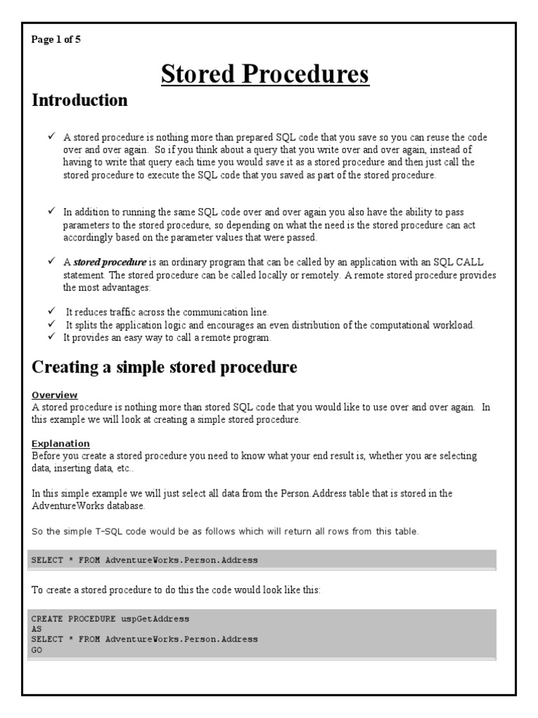 Stored Procedures Page 1 Of 5 Pdf Parameter Computer Programming Subroutine 8263