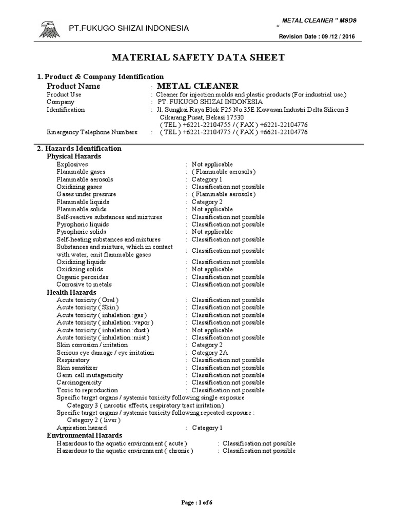 MSDS - Metal Cleaner Fsi | PDF | Firefighting | Carbon Dioxide
