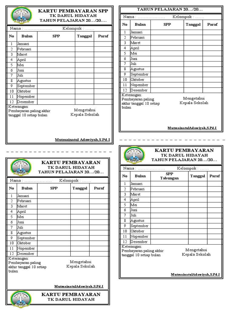 Dokumen - Tips Contoh Kartu Pembayaran SPP TK | PDF